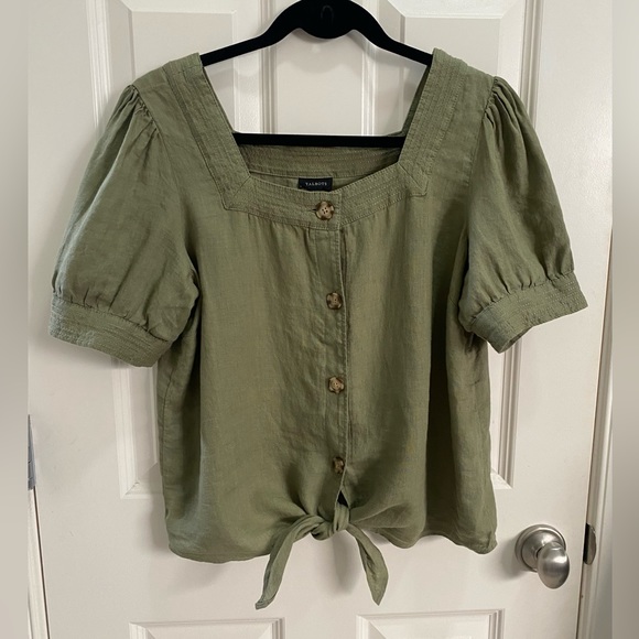 Talbots | Tops | Talbots Tie Waist Linen Shirt With Button Sleeve Olive ...